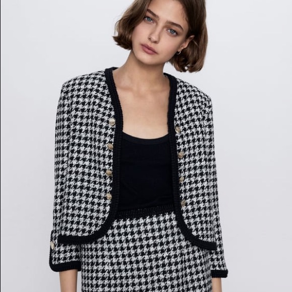 Zara | Jackets & Coats | Zara Houndstooth Tweed Jacket Blazer Wgold ...